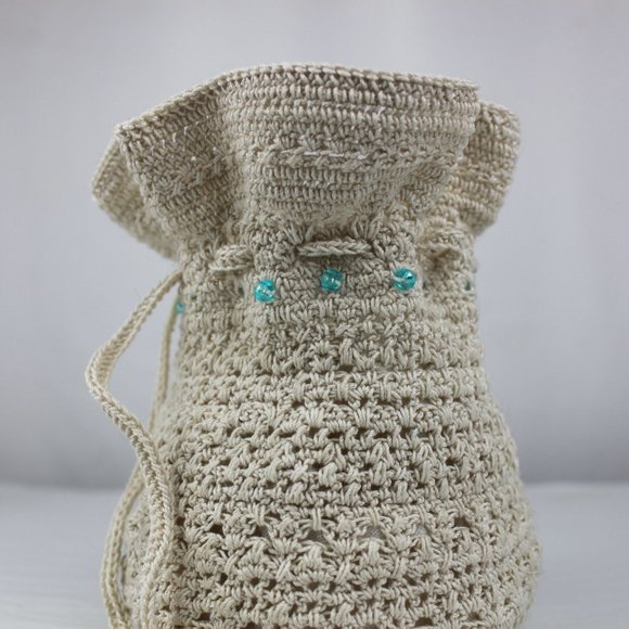 CnBMine | Bags | Glass Blue Beaded Cream Crocheted Money Bag Drawstring ...